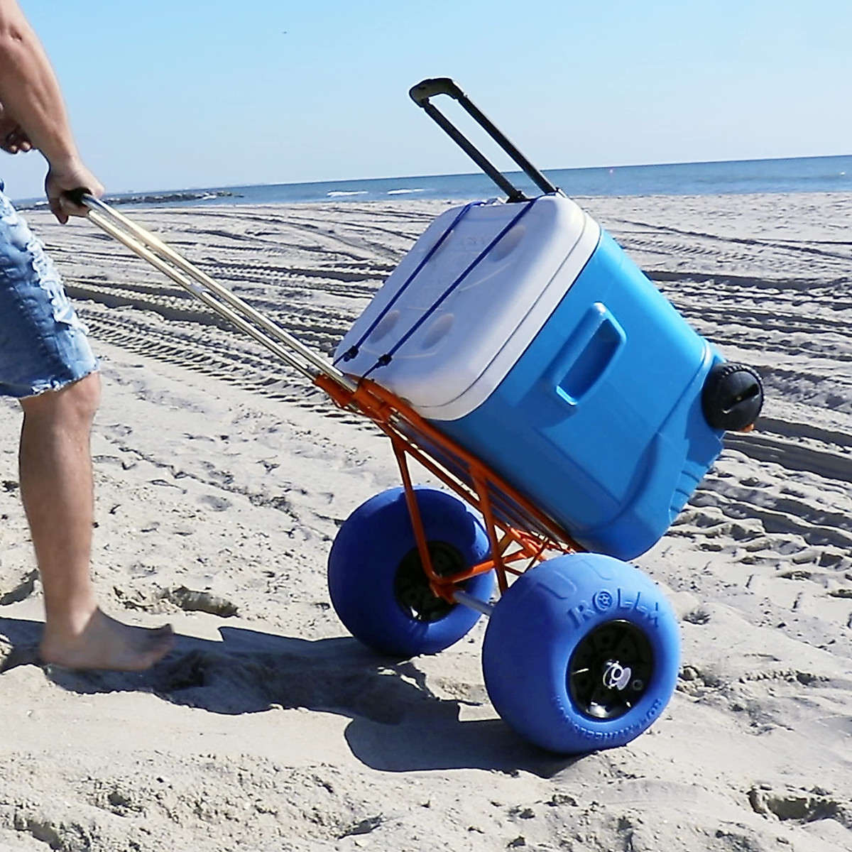 Folding Beach Cart with Balloon Wheels, Rolling Cooler Dolly with Big 13 Inch Large Sand and Beach Tires (White)