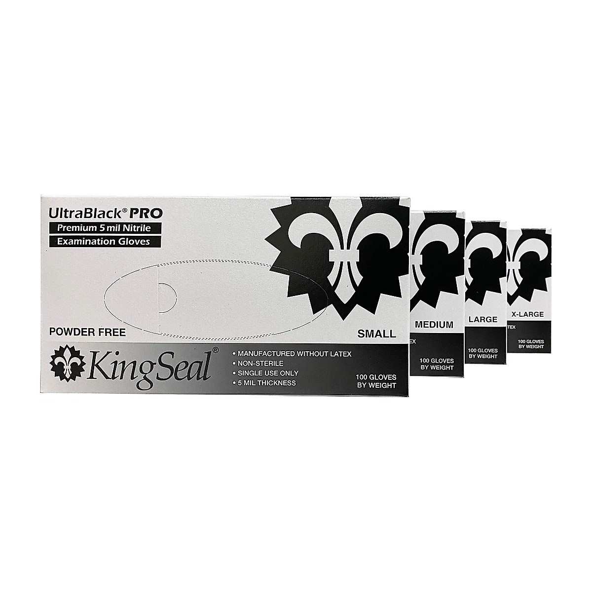 KingSeal UltraBlack-PRO LARGE Nitrile Medical Grade Exam Gloves, Latex Free, 5 MIL, Textured Fingertips - 10 Boxes of 100 Gloves by Weight (1000 Count)