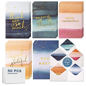 50 Appreciation Cards, Assortment of 4 x 6 in Thank You Cards Great for Gratitude, Employee Recognition, Staff Appreciation & Work Team Anniversary, Bulk Boxed Set Assortment of Encouragement Gold Foil Notecards w/ Envelopes & Stickers