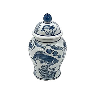 Galt International 8" Ceramic Ginger Jar with Lid - Tea Storage, Decorative, Home Decor Jar (Slate Blue & White Koi)