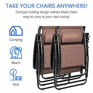 Zero Gravity Chairs Set of 2 Clearance with Sunshade Canopy and Cup Holder Tray Padded Adjustable Antigravity Lounge Folding Chair Patio Lounge Chair for Outdoor, Camping, Patio, Lawn, Brown