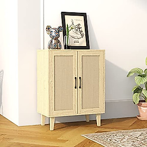 Panana Buffet Cabinet Sideboard with Rattan Decorated Doors Kitchen Storage Cupboard Accent Cabinet (Natural Wood)
