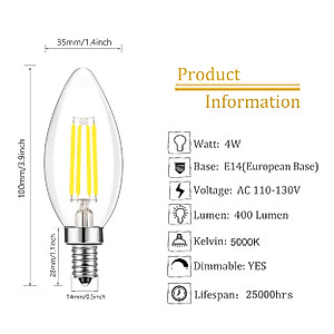 Lamsky E14 LED Bulb Dimmable,110V 400LM 40W Equivalent Daylight White 5000K,E14 European Base Candelabra LED Bulbs,C35 Clear Glass Torpedo Shape Bullet Top(12-Pack)