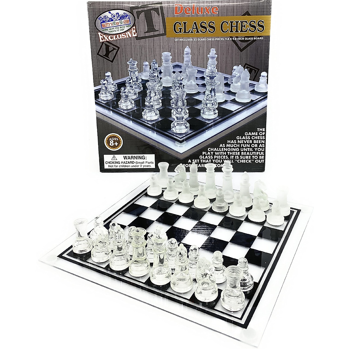Matty's Toy Stop Deluxe Clear & Frosted Glass Chess Set (10") Small