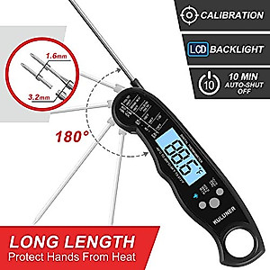 KULUNER TP-01 Waterproof Digital Instant Read Meat Thermometer with 4.6” Folding Probe Backlight & Calibration Function for Cooking Food Candy, BBQ Grill, Liquids,Beef(Black)
