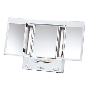 JERDON Tri-Fold Two-Sided Makeup Mirror with Lights - Vanity Mirror with 5X Magnification & Multiple Light Settings - White Base - Model JGL9W