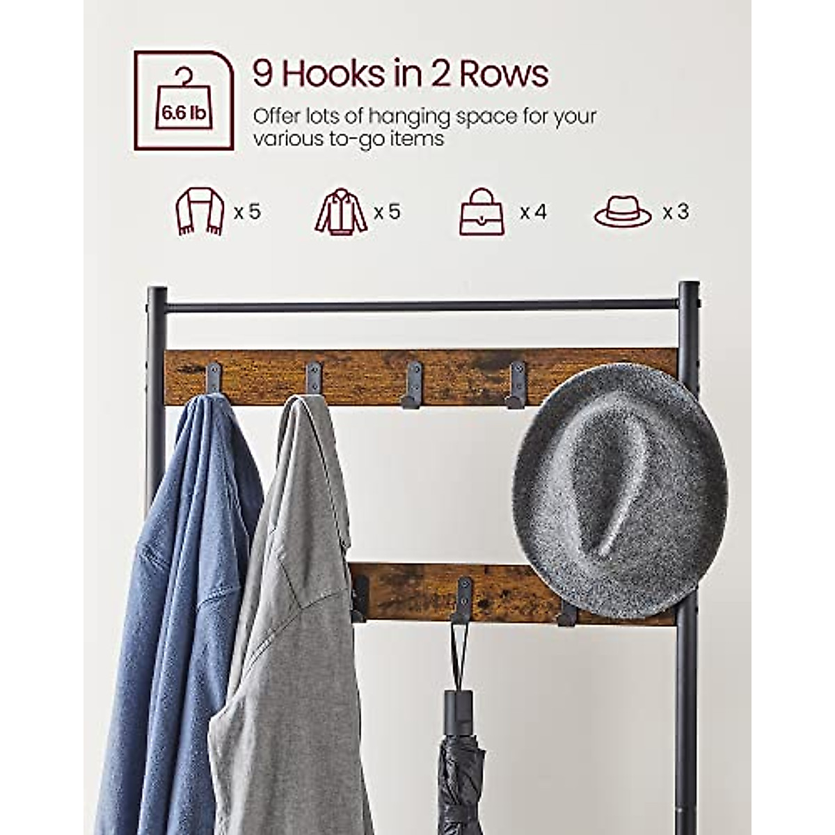 VASAGLE Coat Rack, Hall Tree with Shoe Storage Bench, Entryway Bench with Shoe Storage, 3-in-1, Steel Frame, for Entryway, 12.6 x 27.6 x 69.8 Inches, Industrial, Rustic Brown and Black UHSR41BX