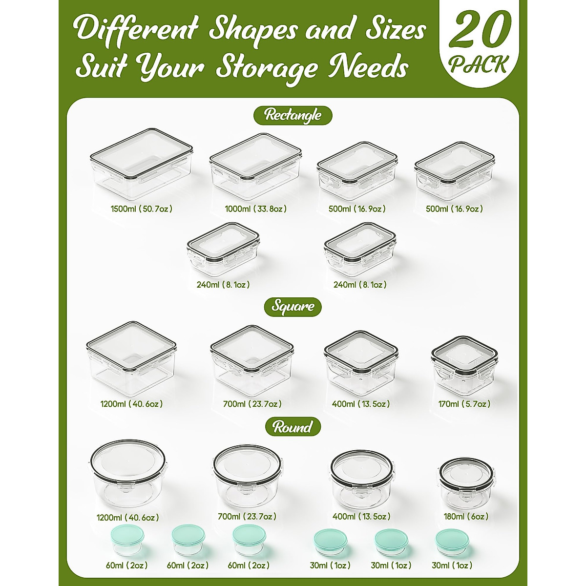 40 Piece Food Storage Containers with Lids(20 Containers & 20 Lids), Plastic Food Containers with Lids for Kitchen Storage and Organization Includes Labels & Pen