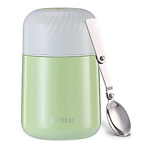 FEWOO Food Thermos - 20oz Vacuum Insulated Soup Container, Stainless Steel Lunch box for Kids Adult, Leak Proof Food Jar with Folding Spoon for Hot or Cold Food (Green)