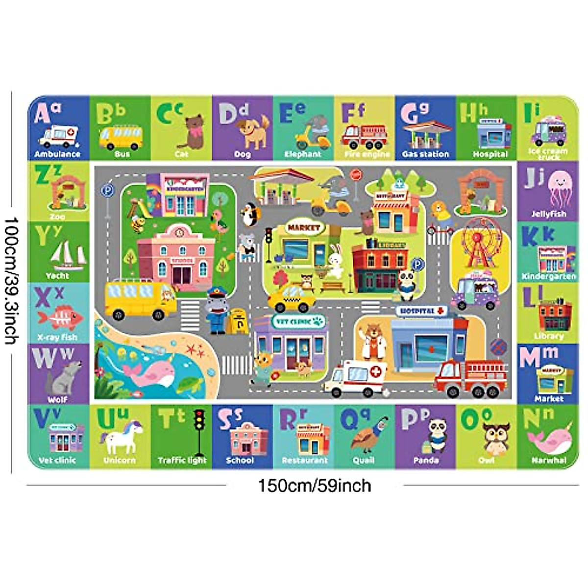 LTKOUGFAM Baby Playmat for Floor, Soft Plush ABC Kids Play Rug for Toddlers & Infants Baby Floor Mats, Kids Car Rug Mat with City, Large Non-Slip Area Rug for kids Room Playroom Bedroom (59X39.4 INCH)
