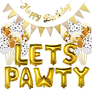 Dreamcolor Dog Happy Birthday Decorations Lets Pawty Balloon Dog Cat Party Banner (Gold)