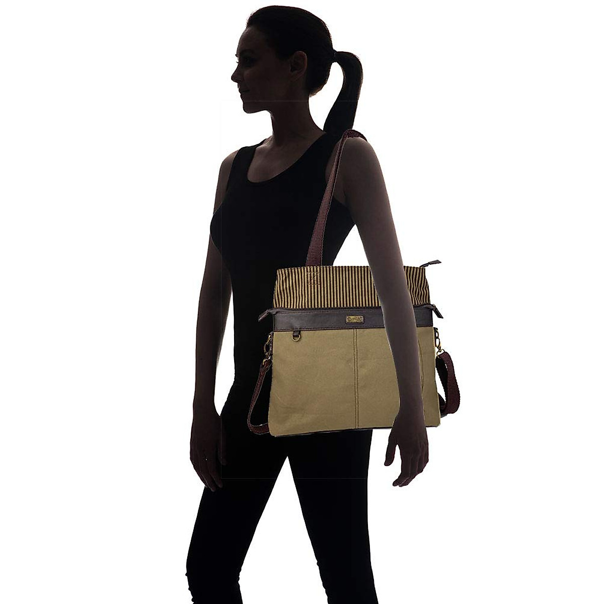 CHALA Denim Canvas Convertible Stripe Work Tote (Olive_ Metal Dragonfly)