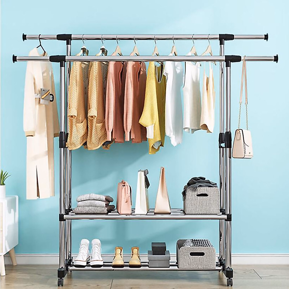 RUYICZB 3 Layer Floor Clothes Drying Rack Metal Drying Double Pole Clothes Rack, Large Expandable Stainless Steel Laundry Clothes Drying Rack with Wheel Easy Assembly Indoor Outdoor Use