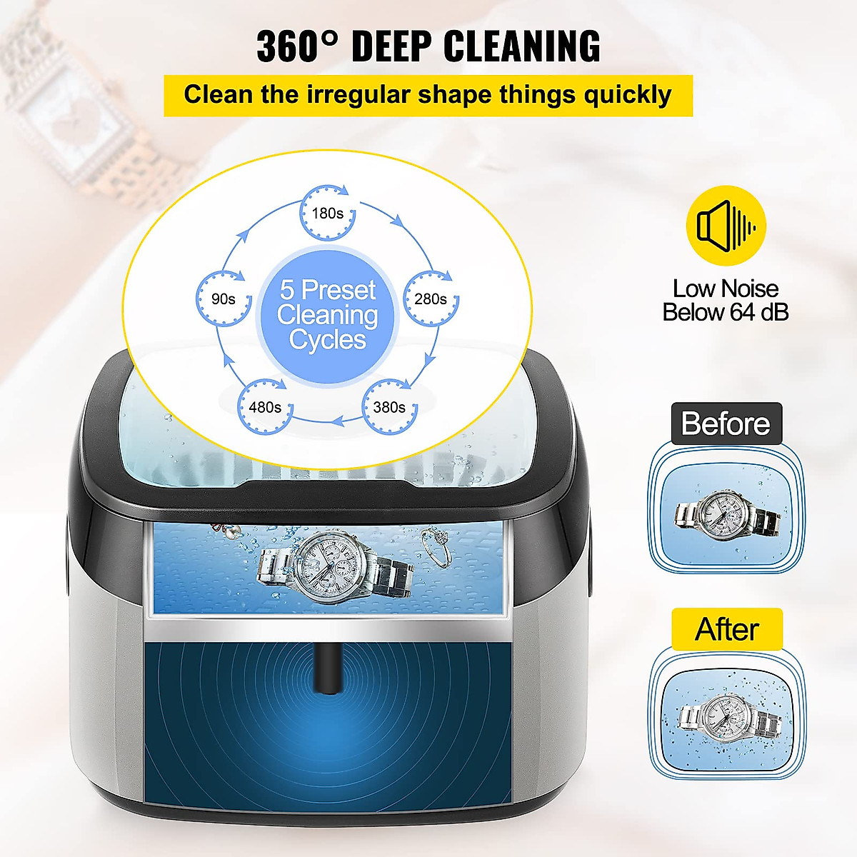 VEVOR Ultrasonic Machine, 1.2L Ultrasound Cleaner Machine, 40KHz Diamond Cleaner, 4 Buttons Jewelry Cleaner Machine, 70W Professional Ultrasonic Cleaner for Jewelry, Eyeglasses, Watches, Coins, Rings
