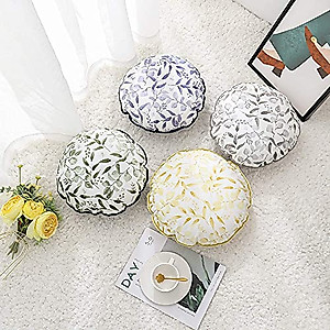 NottingsonHome Velvet Decorative Floral Round Small Pillow Blue 13"x13" Farmhouse Print Botanical Leaf Mini Throw Pillow Rustic Floor Cushions Couch Sofa Decor Welcome Gift,13"x13"x1