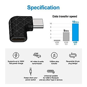 USB C Right Angle Adapter,90 Degree USB C to USB Type-C Male to Female Adapter (3 Pack). Support USB-C 3.1 PD 100W Quick Charge 480Mb/s Data Transfer,for Laptop & Tablet & Mobile Phone -Black