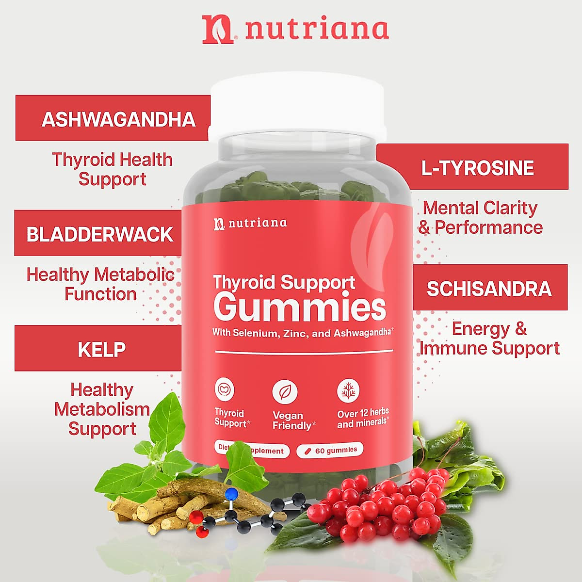 Thyroid Support Gummies - Selenium Supplement & Iodine Supplements for Thyroid Support - Energy Booster for Women and Men - Hypothyroidism Supplements with Metabolism Support