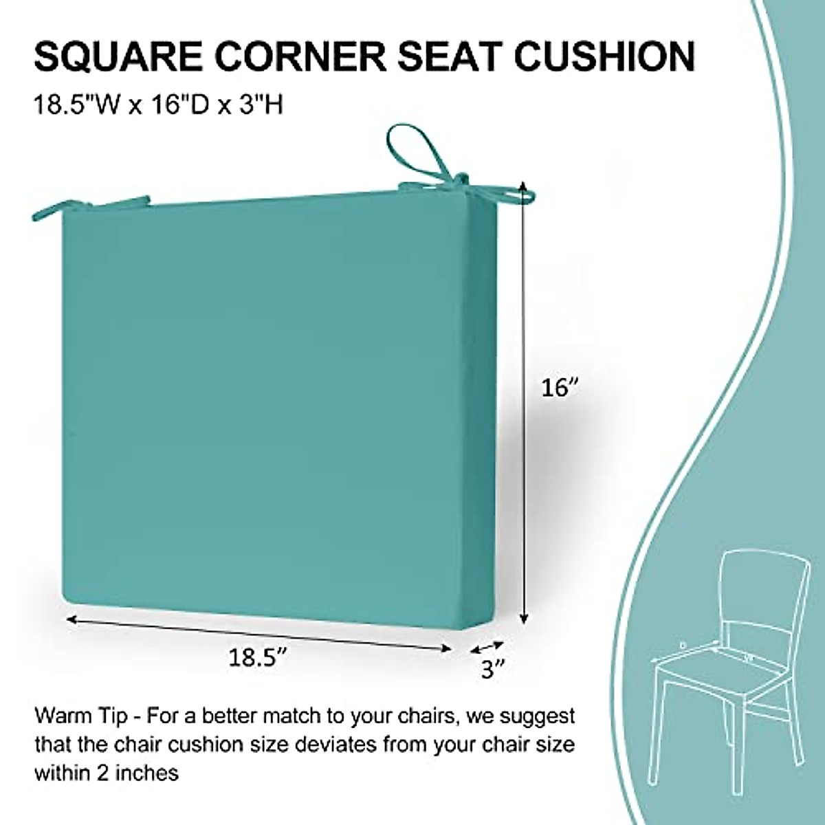 Wellsin Outdoor Chair Cushions for Patio Furniture - Patio Chair Cushions Set of 4 - Waterproof Square Corner Outdoor Seat Cushions 18.5"X16"X3", Teal