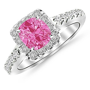 Houston Diamond District - 1.75 Ctw 14K White Gold Cushion Square Halo Engagement Ring w/ 1 Carat Pink Sapphire