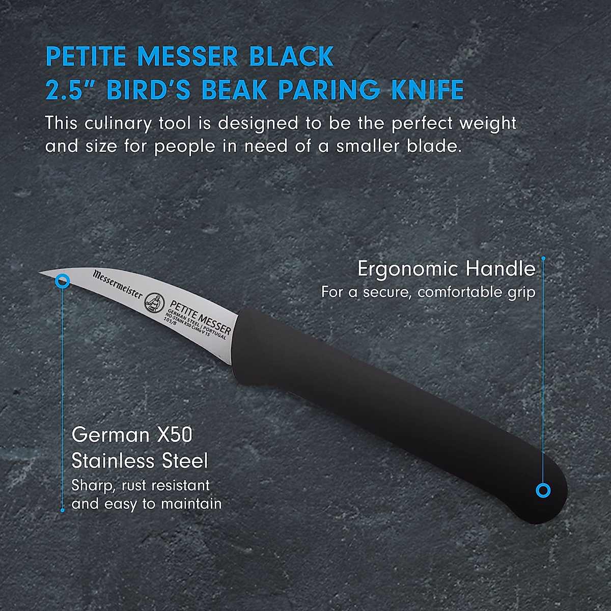 Messermeister Petite Messer 2.5” Bird’s Beak Parer with Matching Sheath, Black - German 1.4116 Stainless Steel & Ergonomic Handle - Lightweight, Rust Resistant & Easy to Maintain
