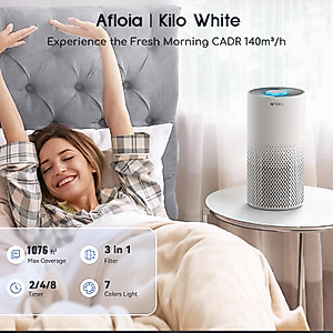 Afloia Air Purifiers for Home Large Room Up to 1076 Ft², H13 True HEPA Air Purifiers for Bedroom 22 dB, Air Cleaners Dust Remover for Pet Mold Pollen, Odor Smoke Eliminator, Kilo White, 7 Color Light