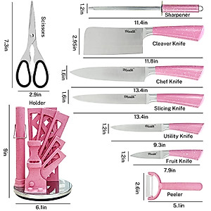 Kitchen Knife Set, Retrosohoo 9PC Pink Wheat Straw Sharp Cooking Knife Set with Acrylic Stand, Stainless Steel Non-stick Chef with Comfortable Handle for Slicing Cutting Peeling Chopping (Pink)