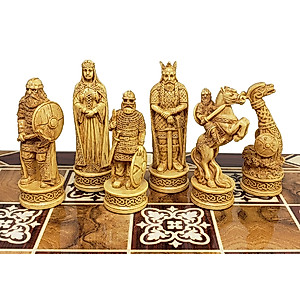 Antique Ivory & Brown Norse Viking Chess Set with 17" Burlwood Color Board
