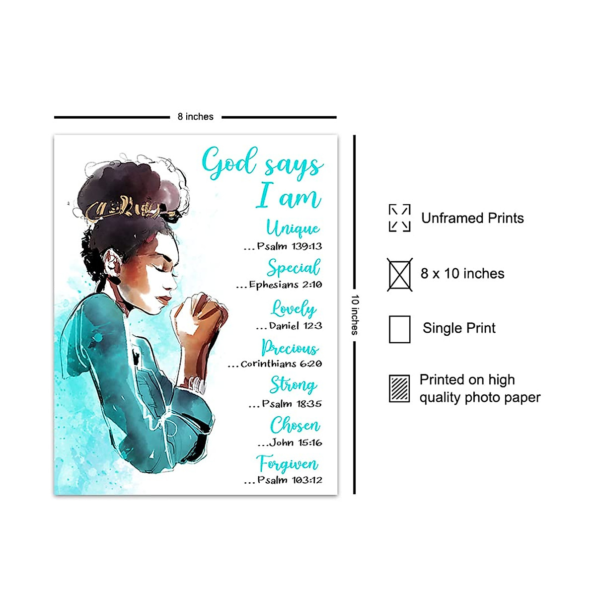 Bible Verse Wall Art & Decor - African American Women - God Says You Are - Inspirational Motivational Poster - Religious Christian Scripture Encouragement Gifts - Black Girls Bedroom - Blue - 8x10