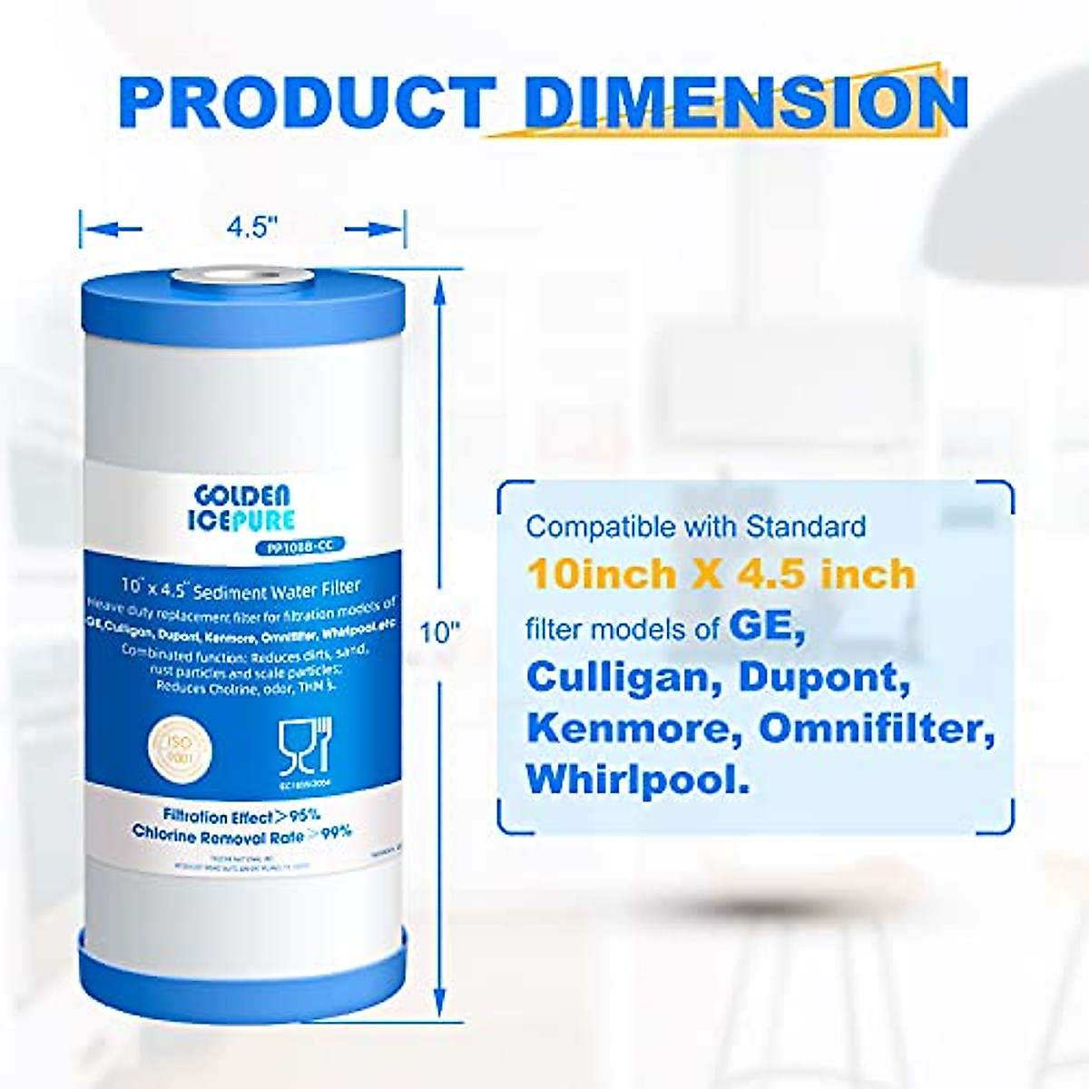GOLDEN ICEPURE 5 Micron 10" x 4.5" Whole House Sediment Activated Carbon Water Filter Compatible with GE FXHTC, GXWH40L, GXWH35F, GNWH38S Universal Water Filter System 2pack