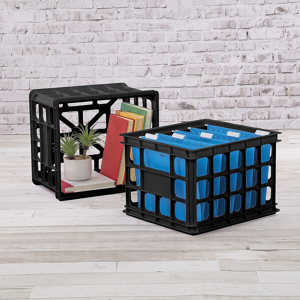 Sterilite Storage Crate, Stackable Plastic Bin with Handles, Organize Home, Garage, Office, School, Black, 6-Pack