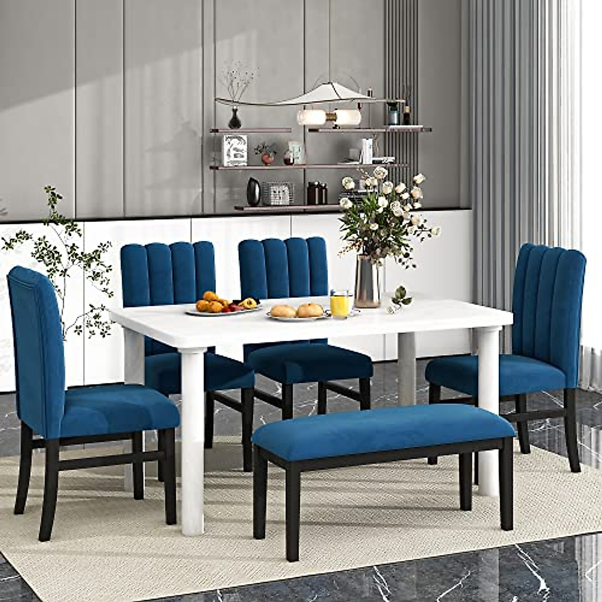 Goohome 6-Piece Kitchen Dining Set, Mid-Century Marble Veneer Table, 4 Flannelette Upholstered Chairs and Bench Family Furniture, for Home, Apartment, A-White+Blue