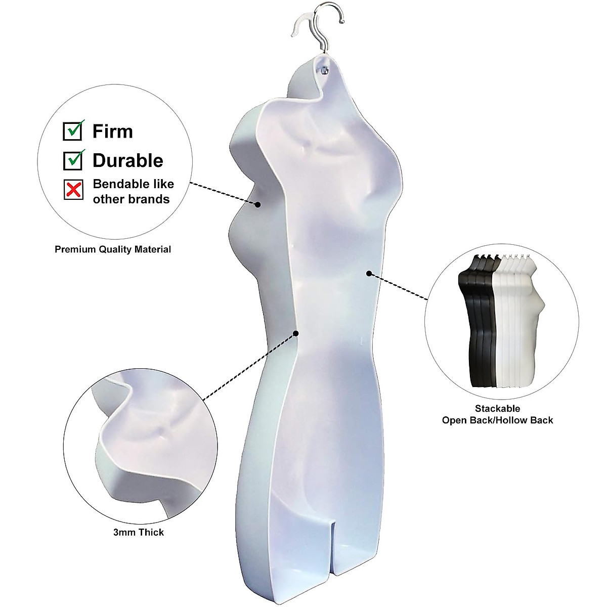 DisplayTown White Female Mannequin Hip Long Hollow Back Body Stackable Dress Form with Hanging Hook for Tshirt Display, Countertop, Craft Shows, Photos and Design, S-M Clothing Size