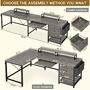 SEDETA 69" L Shaped Desk with Drawers, Convertible Corner Desk to Long Office Desk, Computer Desk with File Drawers for Home Office, Gaming Desk with LED Lights, Grey