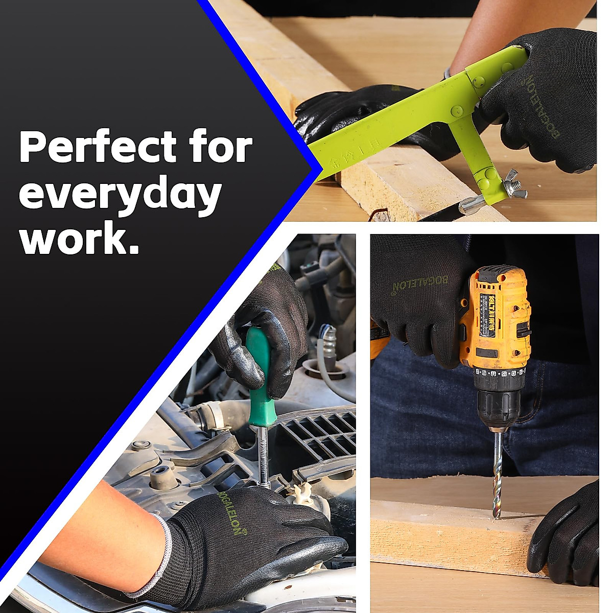 Bogalelon Work Gloves,6pairs, With Nitrile Coated Palms for Excellent Grip and Protection,Suitable for Both Men and Women and Ideal for General Work.Black,Medium., Black(6pairs)