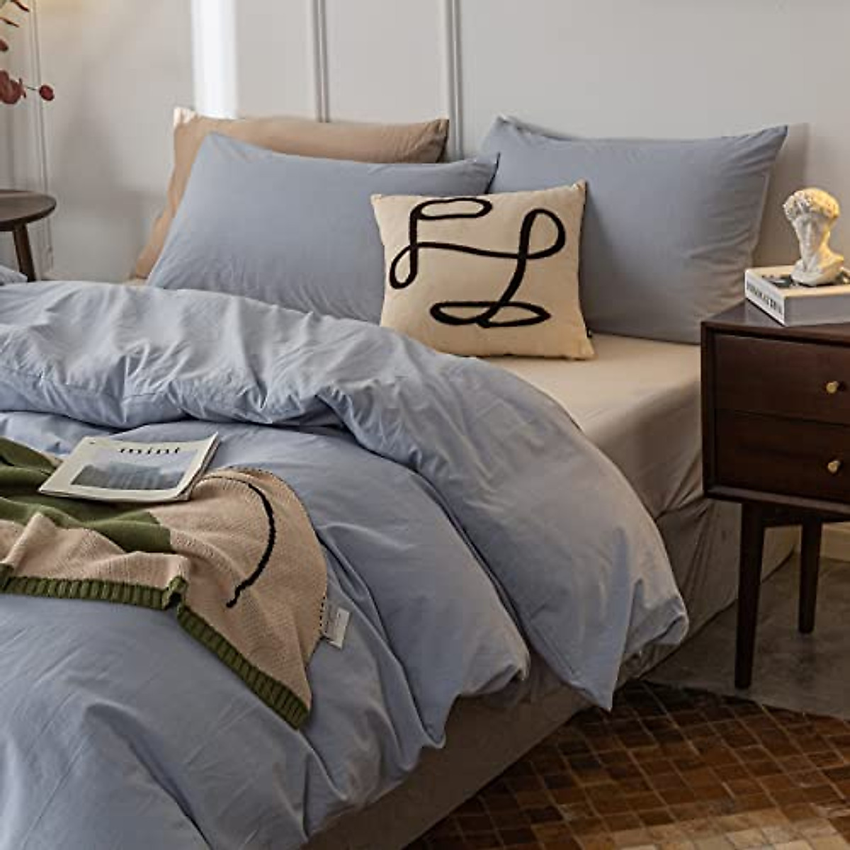 Janlive Washed Cotton Duvet Cover Twin Ultra Soft 100% Cotton Solid Color Light Blue Duvet Cover Set with Zipper Closure -2 Pieces Light Blue Twin