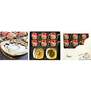 Chandler Turkish Coffee Set Espresso Greek Arabic Coffee Cup and Saucer 3 Fl oz with Gold Acrylic Gift Box Collection of 7 Colors and Designs (Red With Gold and White Gem)
