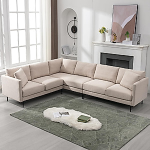Mjkone 107" Modern Linen Sectional L-Shaped Couch, Convertible L Shaped Sofa with 2 Cushions, Oversized 5 Seat Corner Sofa Couch Set with Sturdy Legs for Living Room Apartment - Beige