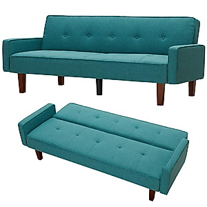 Olela Sofa Bed Convertible Sofa Couch Futon Sleeper Linen Fabric Reclining Sofa with Armrest Wood Legs for Living Room Furniture (Green)