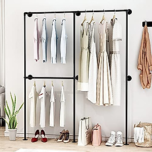 DR.IRON Industrial Pipe Clothing Racks with Double Bar, Industrial Black Clothes Racks Wall Mounted, Heavy Duty Closet Rods for Hanging Clothes Organizer Storage