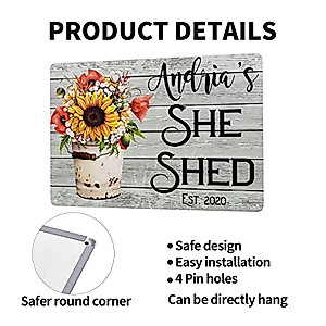 Personalized She Shed Metal Sign with Wood Look，Sun Flower Home Decor Wall Art Shed Accessories