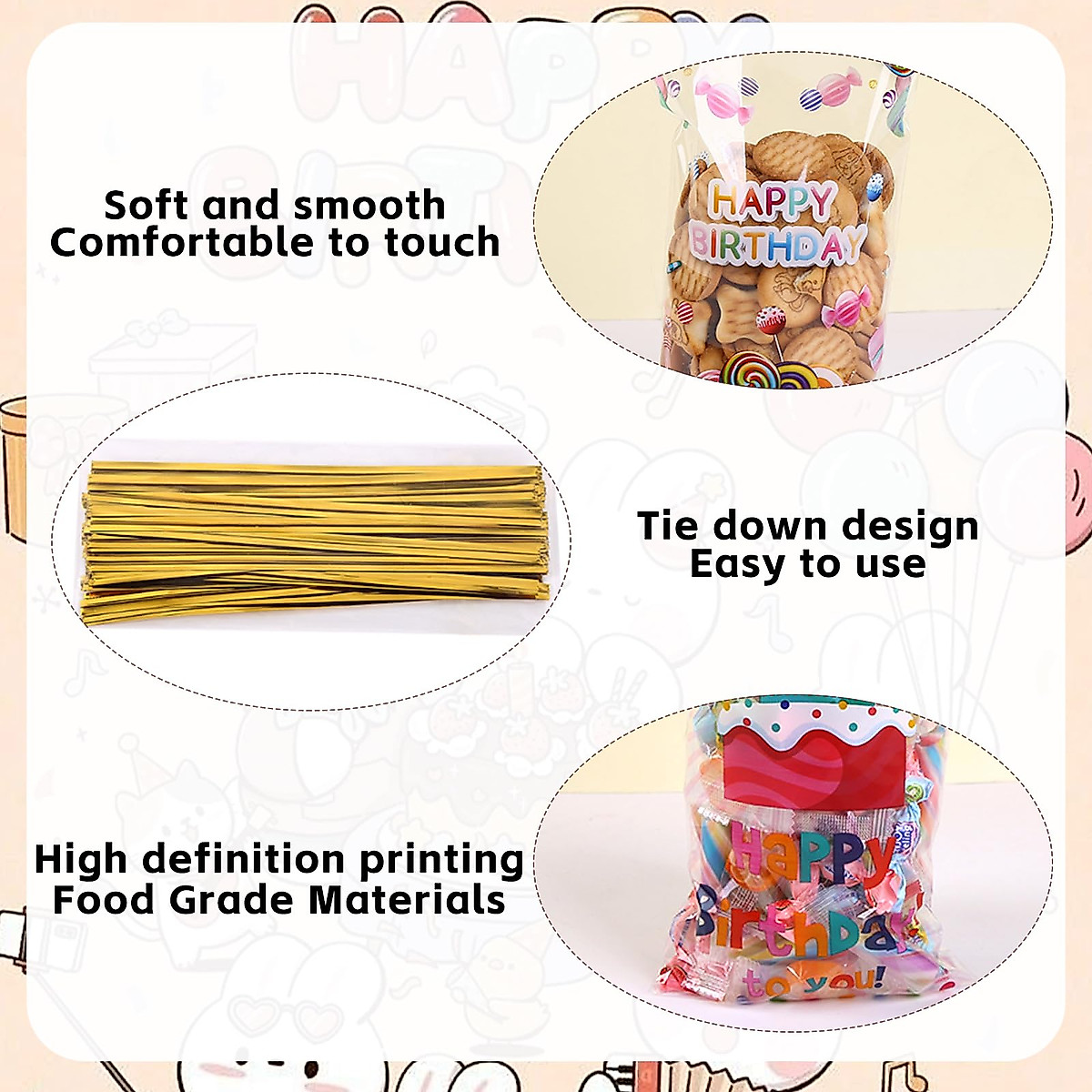 Totelux Happy Birthday Cellophane Gift Bags Clear Candy Bags Plastic Treat Goodies Bags with Ties for Cookies Gift Packaging Birthday Party Supplies 50PCS
