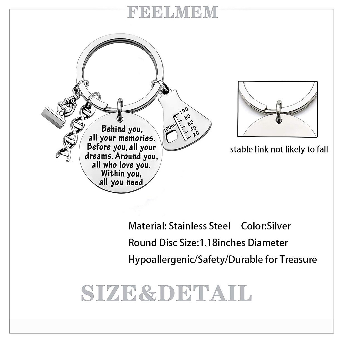 FEELMEM Biology Chemistry Keychain Future Chemist Gift Behind You All Your Memories Science Tech Keychain Graduation Gift