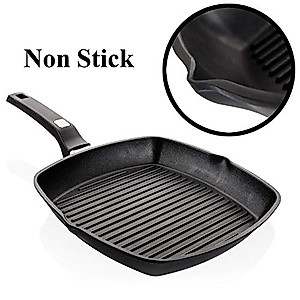 Moss & Stone Griddle Aluminum Nonstick Stove Top Square Grill Pan,Chef Quality Perfect for Meats Steak Fish And Vegetables,Dishwasher Safe,11 inch, Black (Comes With a Special Cloth And Gloves)