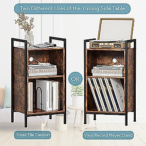 Yusong 3 Tier End Table, Tall Side Table with Storage Cabinets, Bedside Table Nightstand Small Bookcase for Small Space in Living Room, Bedroom, Office, Rustic Brown