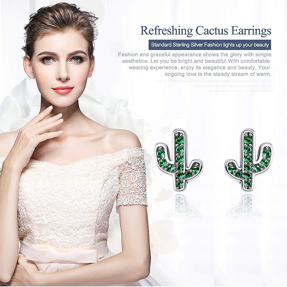 BISAER Cactus 925 Sterling Silver Stud Earrings with Green Cubic Zirconia, Green Plants Post Stud Earring Hypoallergenic Jewelry for Women