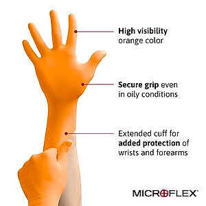 Ansell Microflex Blaze N48 7mil Disposable Nitrile Gloves w/Extended Cuff for Automotive, Oil, Mining - XX-Large, Orange (Box of 100)