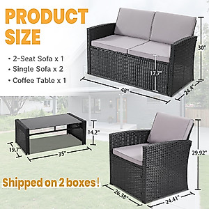 KROFEM 4 Pieces Patio Conversation Set, Outside Rattan Sectional Sofa, Cushioned Furniture Set, Wicker Sofa Ideal for Garden, Porch, Backyard, Black Color Rattan and Light Grey Cushion