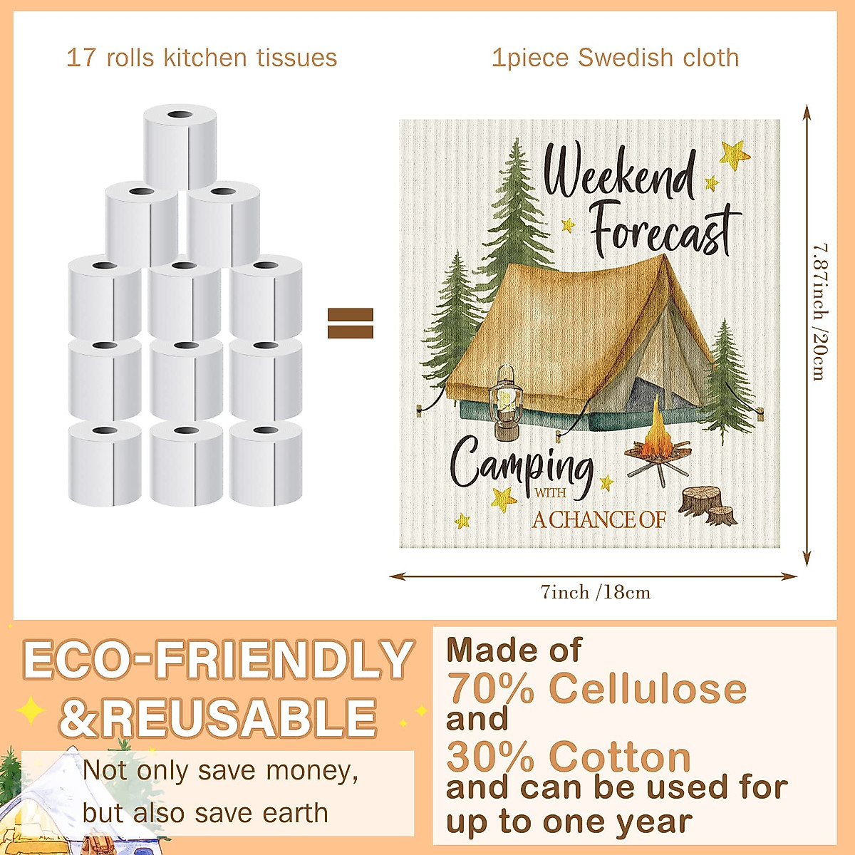 6 Pcs Swedish Kitchen Dish Cloths Kitchen Towels Reusable Sponge Cleaning Cloths Wipes Absorbent Dish Cloth Quick Drying Washable Decorative Tea Towels No Odor Bar Hand Towel (Camping)