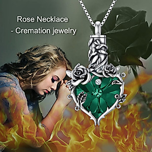 TOUPOP Emerald Rose Urn Necklace for Ashes for Women with s925 Silver Heart Crystal Rose Flower Ashes Pendant Necklaces Cremation Jewelry for Ashes Memorial Gift for Women Keepsake w/Funnel