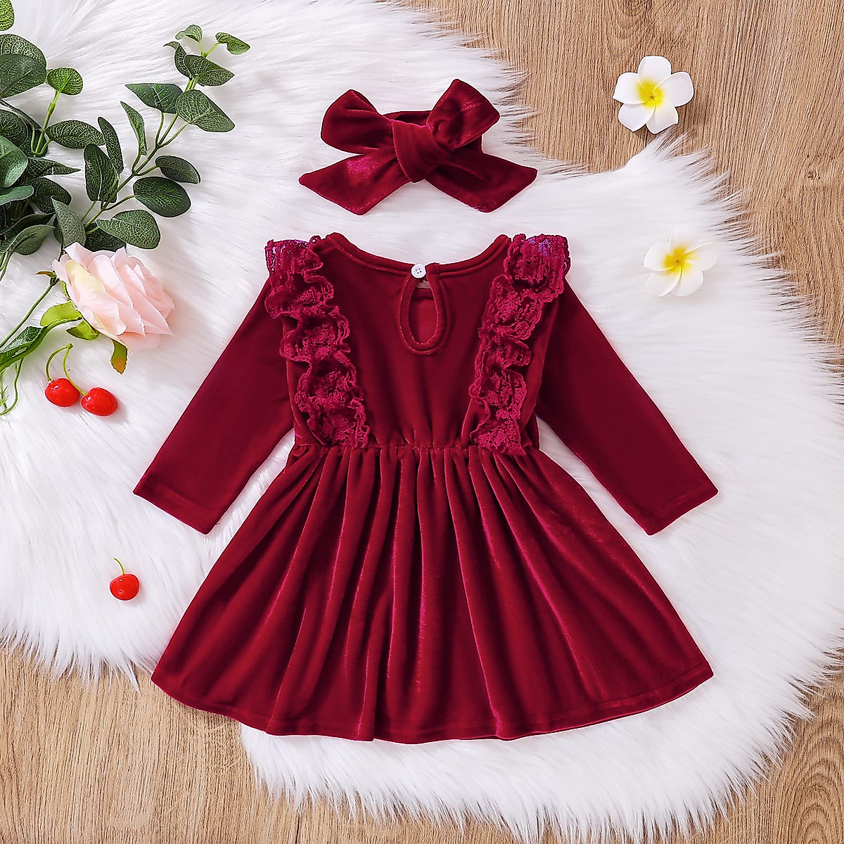 FIOMVA Newborn Baby Girl Christmas Outfit Ruffle Long Sleeve Velvet Dress Causal Princess Dresses Fall Winter Clothes(Christmas-Red Bow,6-9 Months)